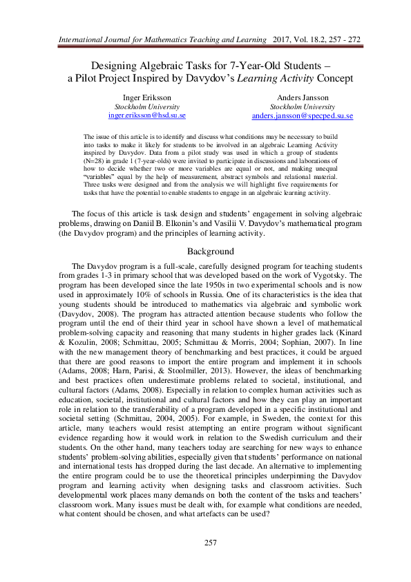 (PDF) Designing algebraic tasks for 7-year-old students – a pilot project inspired by Davydov’s ...