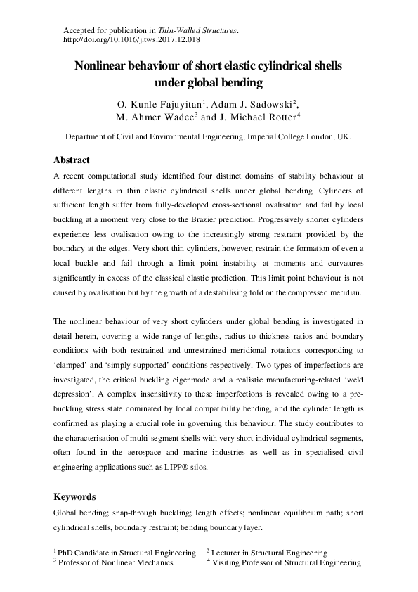 (PDF) Nonlinear behaviour of short elastic cylindrical shells under ...