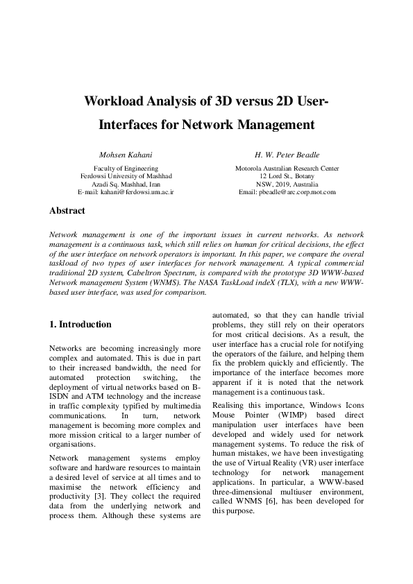 (PDF) Workload Analysis of 3D versus 2D User-Interfaces for Network Management