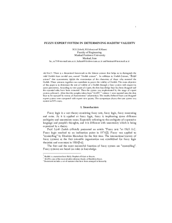 (PDF) Fuzzy Expert System in Determining Hadith Validation