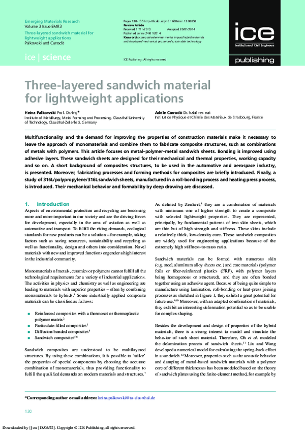 (PDF) Three-layered sandwich material for lightweight applications