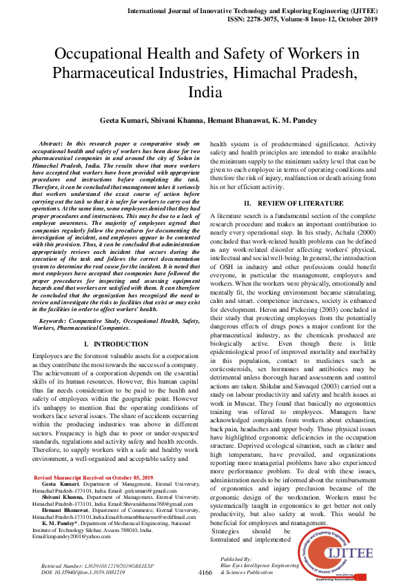 (PDF) Occupational Health and Safety of Workers in Pharmaceutical Industries, Himachal Pradesh ...