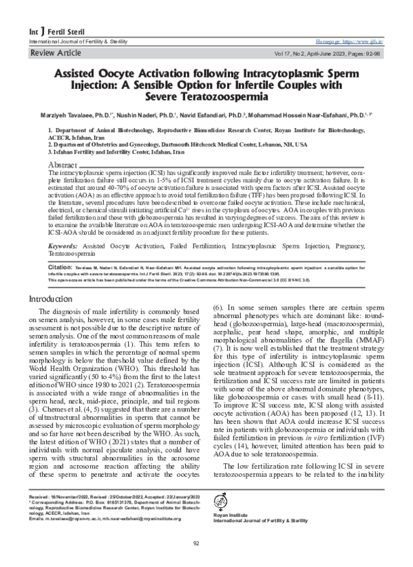 (PDF) Assisted Oocyte Activation following Intracytoplasmic Sperm ...