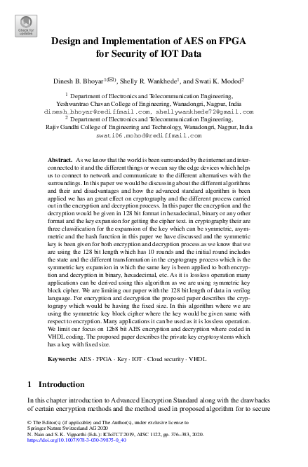 Pdf Design And Implementation Of Aes On Fpga For Security Of Iot Data