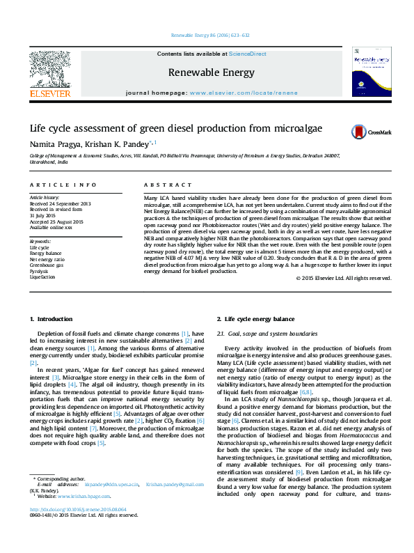 (PDF) Life cycle assessment of green diesel production from microalgae