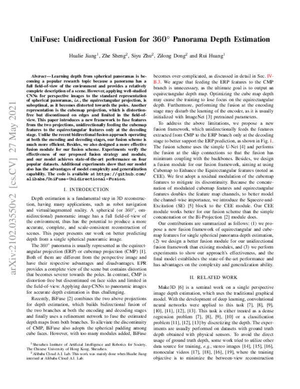 (PDF) UniFuse: Unidirectional Fusion for 360° Panorama Depth Estimation