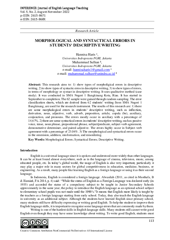 (PDF) Morphological and Syntactical Errors in Students’ Descriptive Writing