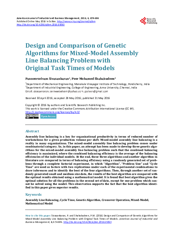 Pdf Design And Comparison Of Genetic Algorithms For Mixed Model Assembly Line Balancing