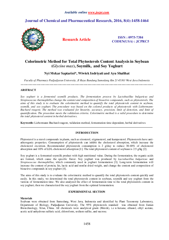Pdf Colorimetric Method For Total Phytosterols Content Analysis In Soybean Glycine Max