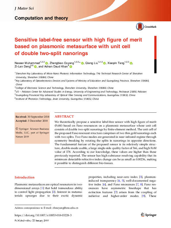 (PDF) Sensitive label-free sensor with high figure of merit based on plasmonic metasurface with ...