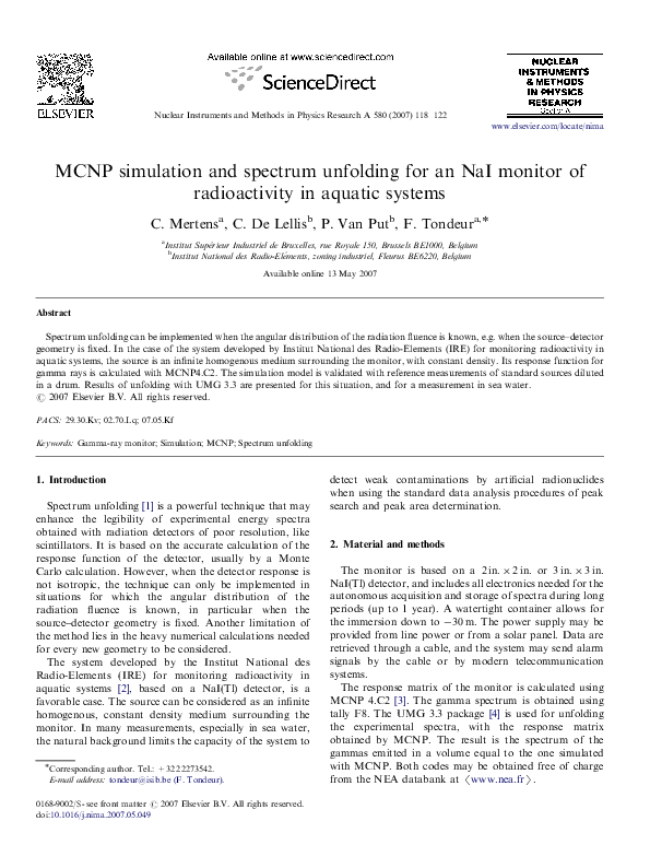 (PDF) MCNP simulation and spectrum unfolding for an NaI monitor of radioactivity in aquatic systems
