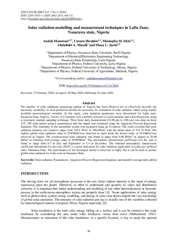 (PDF) Solar radiation modelling and measurement techniques in Lafia ...