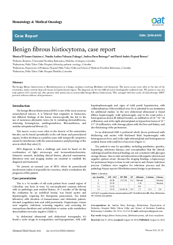 (PDF) Benign fibrous histiocytoma, case report