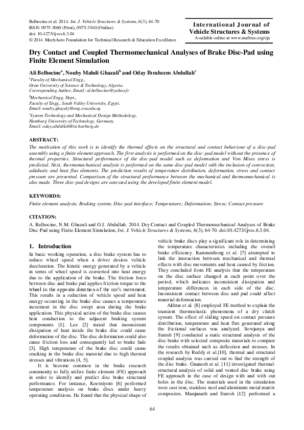 (PDF) Dry Contact and Coupled Thermomechanical Analyses of Brake Disc-Pad using Finite Element ...