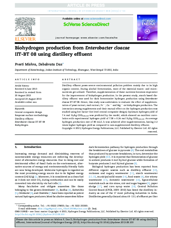 (PDF) Biohydrogen production from Enterobacter cloacae IIT-BT 08 using ...