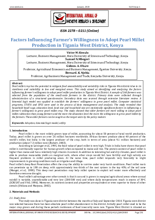 (PDF) Factors Influencing Farmer’s Willingness to Adopt Pearl Millet Production in Tigania West ...