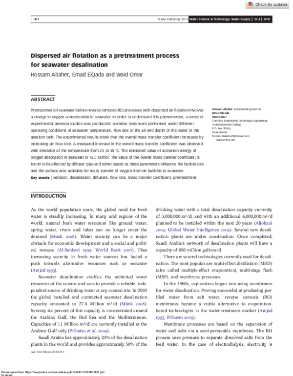 (PDF) Dispersed air flotation as a pretreatment process for seawater ...