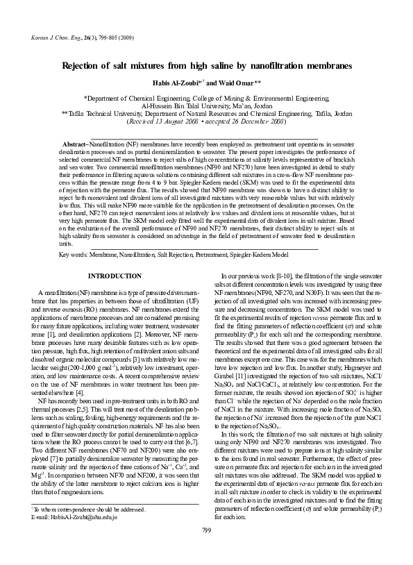 (PDF) Rejection of salt mixtures from high saline by nanofiltration ...