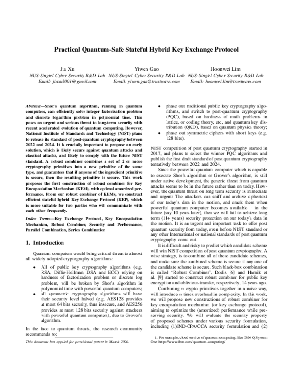 (PDF) Practical Quantum-Safe Stateful Hybrid Key Exchange Protocol