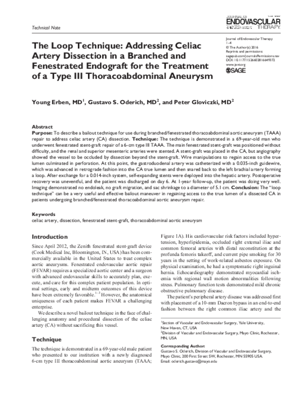 (PDF) The Loop Technique: Addressing Celiac Artery Dissection in a ...