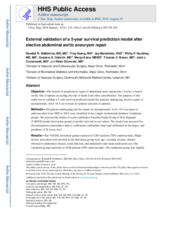 (PDF) External validation of a 5-year survival prediction model after elective abdominal aortic ...