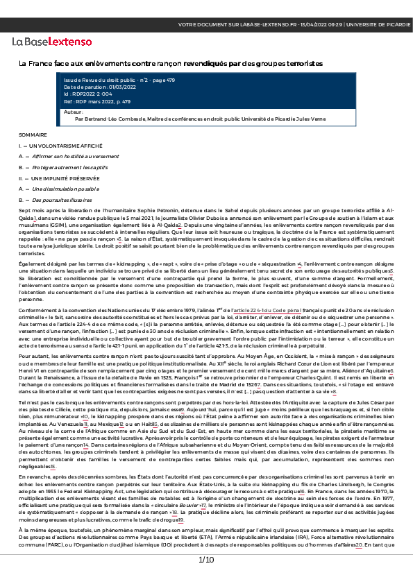 (PDF) La France face aux enlèvements contre rançon revendiqués par des ...