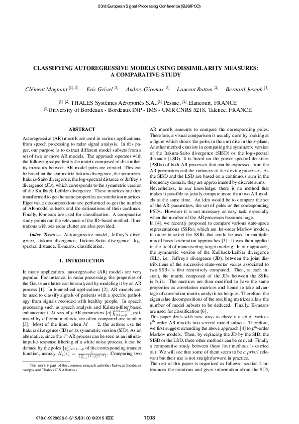 (PDF) Classifying autoregressive models using dissimilarity measures: A comparative study