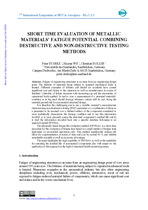 Pdf Short Time Evaluation Of Metallic Materials Fatigue Potential Combining Destructive And