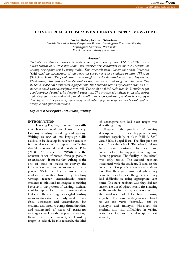 (PDF) The Use of Realia to Improve Students’ Descriptive Writing