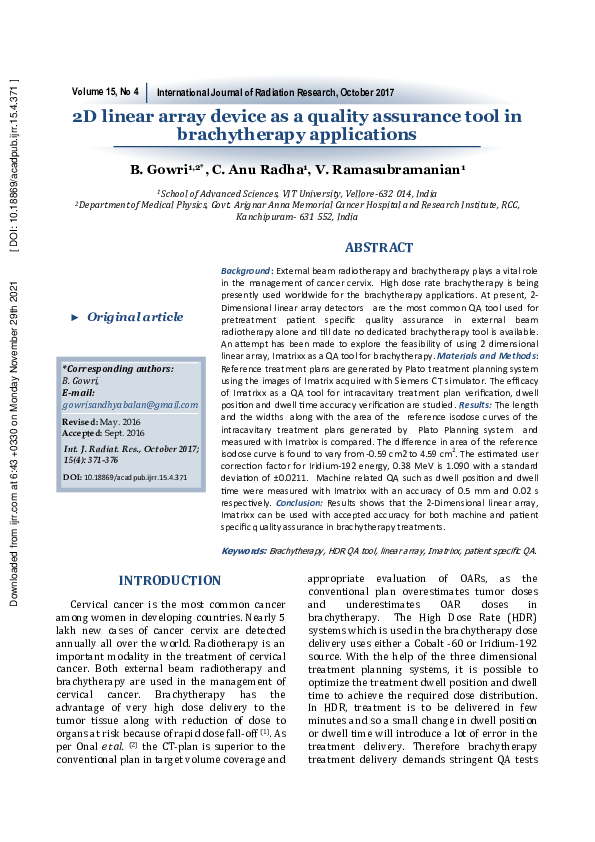 (PDF) 2D linear array device as a quality assurance tool in brachytherapy applications