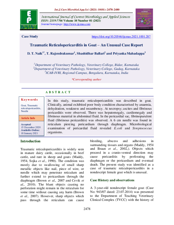 (PDF) Traumatic Reticulopericarditis in Goat – An Unusual Case Report