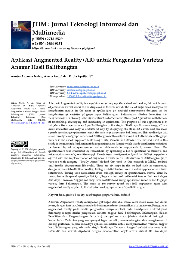 (PDF) Aplikasi Augmented Reality (AR) untuk Pengenalan Varietas Anggur Hasil Balitbangtan