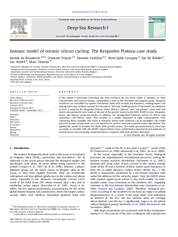 (PDF) Isotopic model of oceanic silicon cycling: The Kerguelen Plateau ...