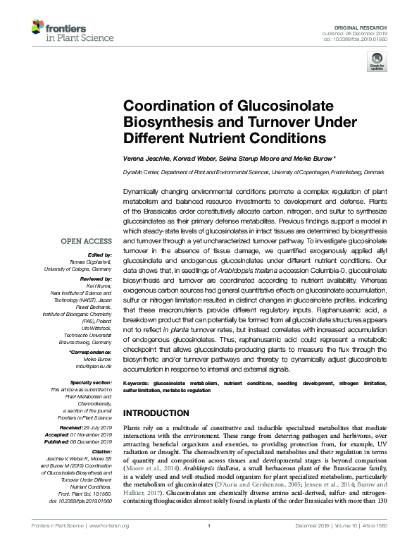 (PDF) Coordination of Glucosinolate Biosynthesis and Turnover Under ...