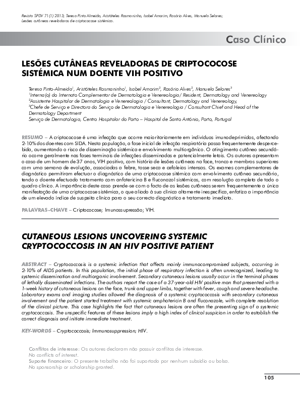 (PDF) Lesões Cutâneas Reveladoras De Criptococose Sistémica Num Doente Vih Positivo