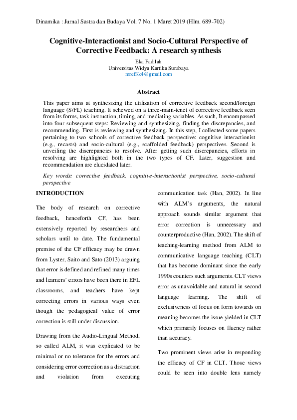 (PDF) Cognitive-Interactionist and Socio-Cultural Perspective of Corrective Feedback: A research ...