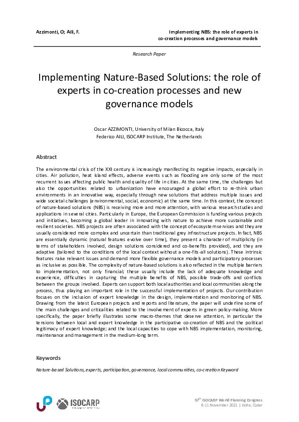 (PDF) Implementing Nature-based Solutions: the role of experts in co ...
