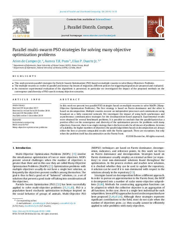 (PDF) Parallel multi-swarm PSO strategies for solving many objective optimization problems