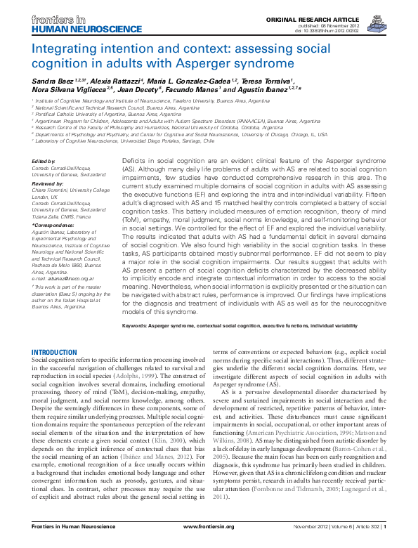 (PDF) Integrating intention and context: assessing social cognition in ...