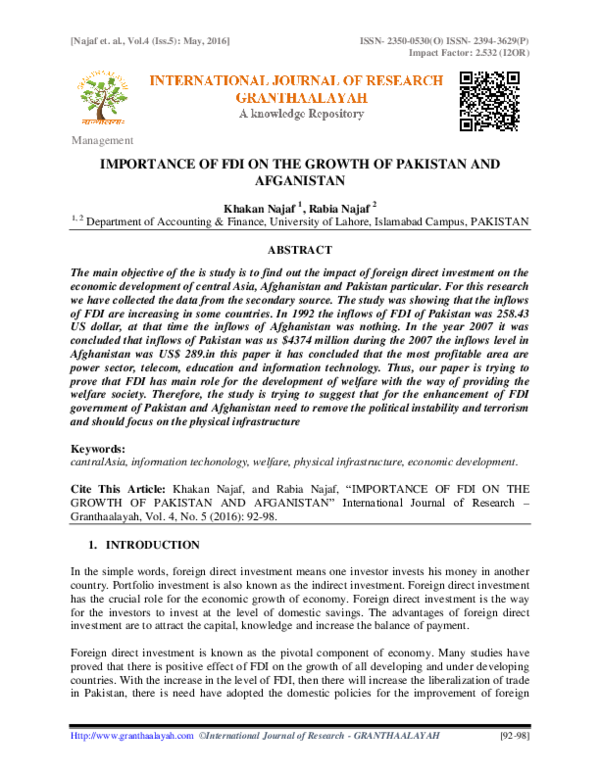 (PDF) Importance Of Fdi On The Growth Of Pakistan And Afganistan