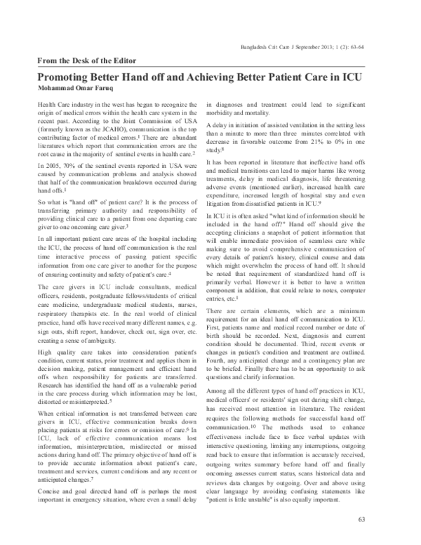 (PDF) Improving ICU Handoffs for Patient Care