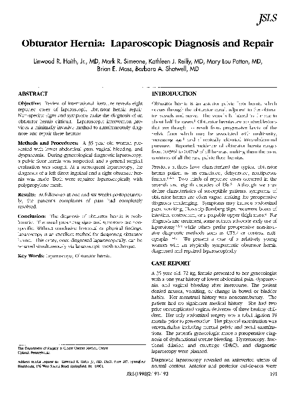 (PDF) Obturator hernia: laparoscopic diagnosis and repair