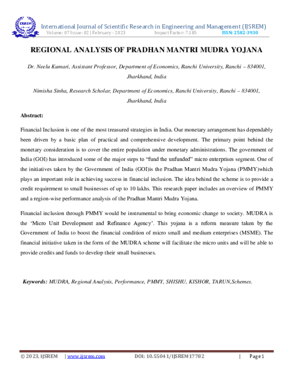 (PDF) Regional Analysis of Pradhan Mantri Mudra Yojana