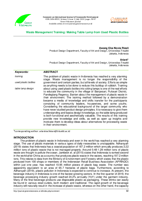 (PDF) Waste Management Training: Making Table Lamp from Used Plastic ...