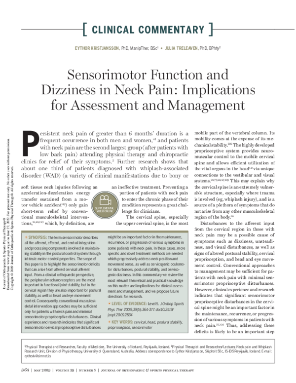 (PDF) Sensorimotor Function and Dizziness in Neck Pain: Implications for Assessment and Management