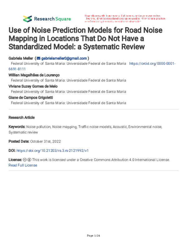 (PDF) Use of Noise Prediction Models for Road Noise Mapping in Locations That Do Not Have a ...