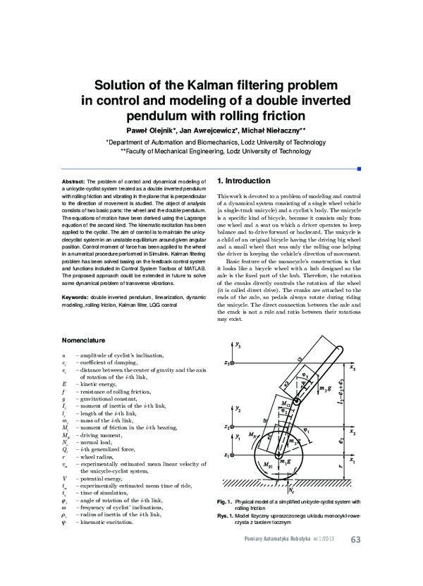 (PDF) Solution of the Kalman filtering problem in control and modeling of a double inverted ...