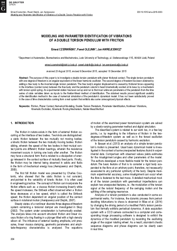 (PDF) Modeling And Parameter Identification Of Vibrations Of A Double Torsion Pendulum With Friction