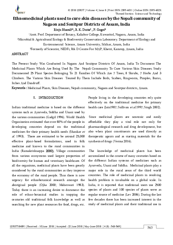 (PDF) Ethnomedicinal plants used to cure skin diseases by the Nepali community of Nagaon and ...