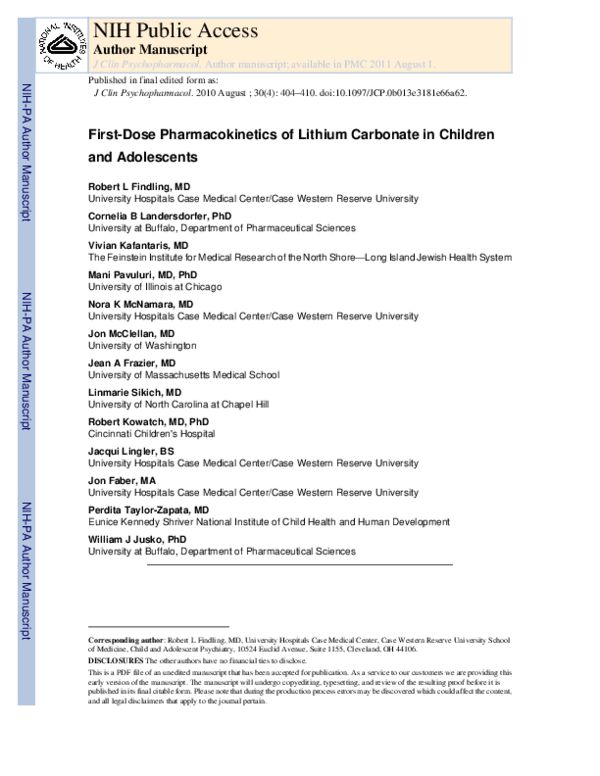 (PDF) First-Dose Pharmacokinetics of Lithium Carbonate in Children and ...